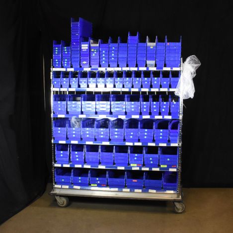 Six-(6)-Shelf-Rack-with-Mixed-Lot-of-Shelf-Bins